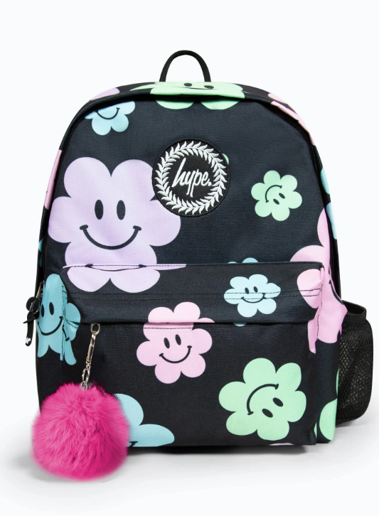 Hype Girls Iconic Black Happy Flower Backpack | Smiths Schoolwear